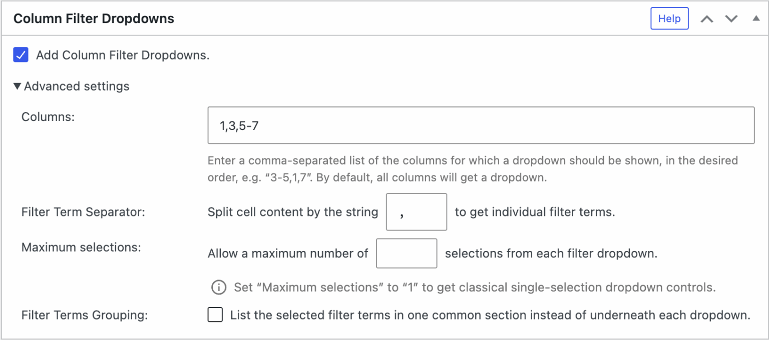 Column Filter Dropdowns · TablePress