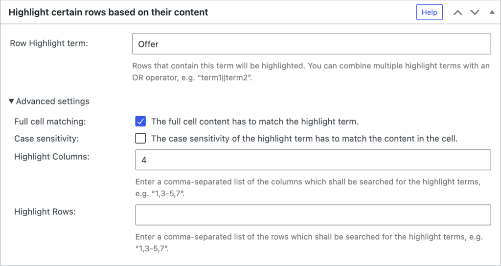 Row Highlighting · TablePress
