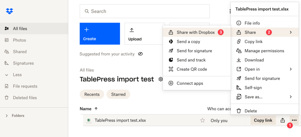 How to import tables from Dropbox · TablePress