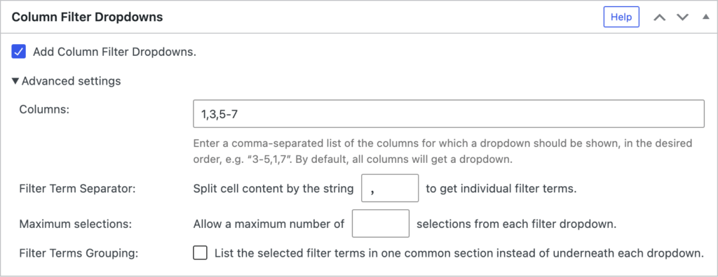 Column Filter Dropdowns · TablePress
